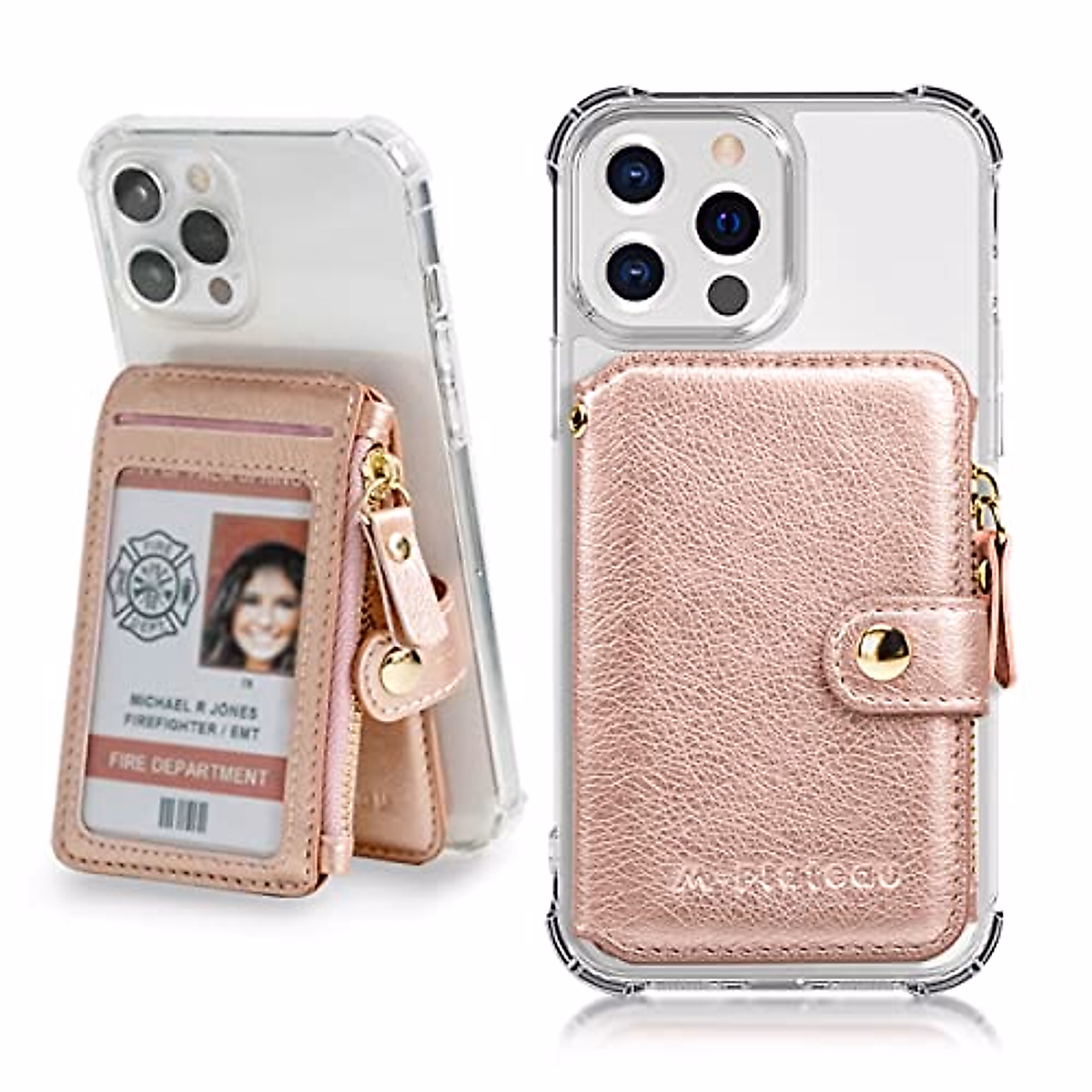 M-Plateau Phone Wallet, PU Leather Card Holder with Zipper Coin Pocket Compatible with iPhone 14 and iPhone Case for Women 3M Adhesive Phone Card Holder with Magnetic Closure(Pink)
