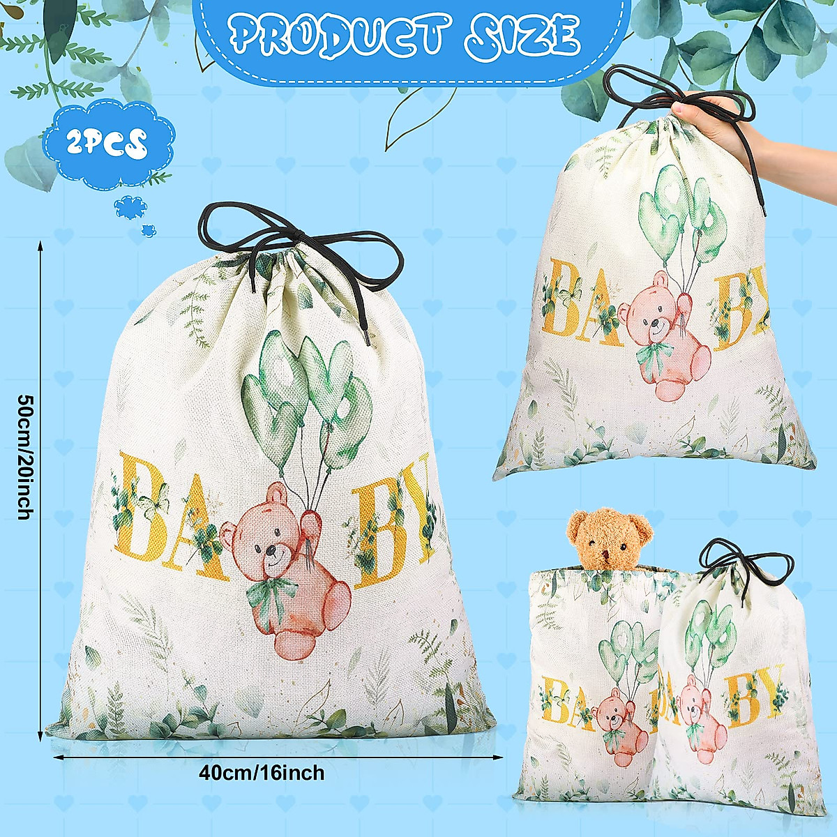 2 Pieces Large Gift Bag with Drawstring Large Canvas Gift Bags Heart Print Drawstring Present Wedding Bags Wrapping Reusable Bag Present Wrap Bags for Christmas, 20 x 16 in (Green,Baby)