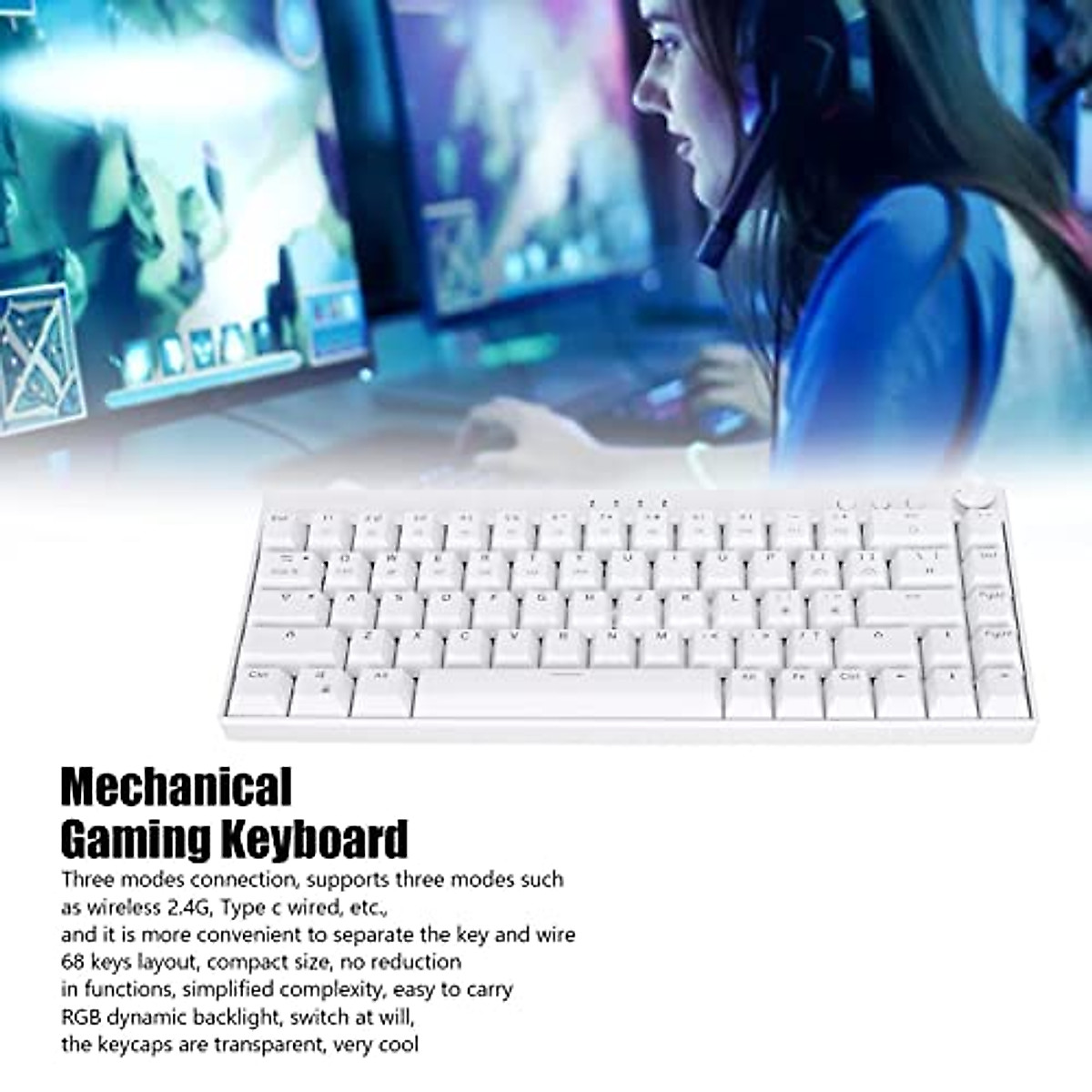 68 Keys Mechanical Keyboard, N Key Rollover ABS 1800mAh Battery White 68 Keys Mechanical Keyboard for Gaming for Office for Home(Linear Action Switch)