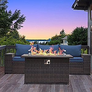 ASJMR Outdoor Patio Furniture Set with Gas Fire Pit Table, 7 Pieces Patio Furniture Set Outdoor Sectional Sofa w/43in Propane Fire Pit, PE Wicker Rattan Patio Conversation Set - Dark Blue