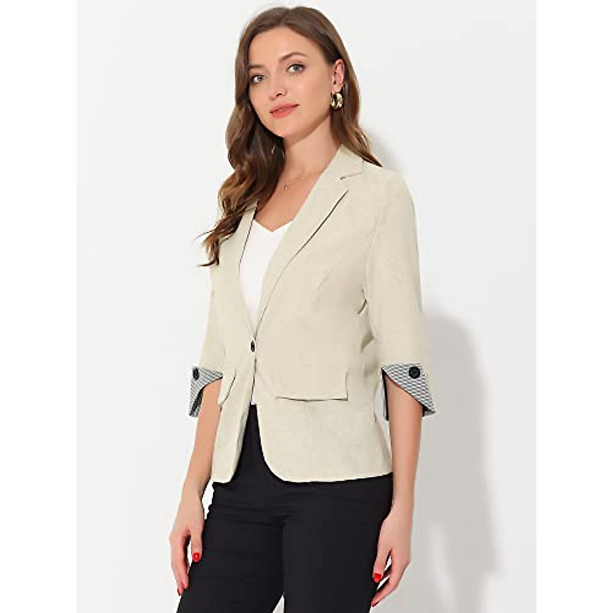 Allegra K Women's Suit Jacket Notched Lapel Collar 3/4 Sleeve Button Front Work Formal Blazer X-Small Beige