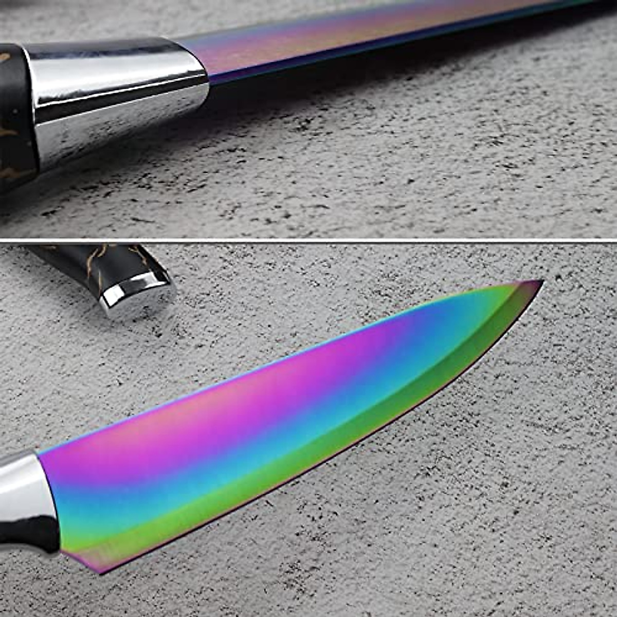 Rainbow Knife Set, Non Stick Kitchen Knives Set with Acrylic Block, 6 Piece Stainless Steel Knives, Marbling Handle Chef Quality for Home & Pro Use, Best Gift (Black Handle)