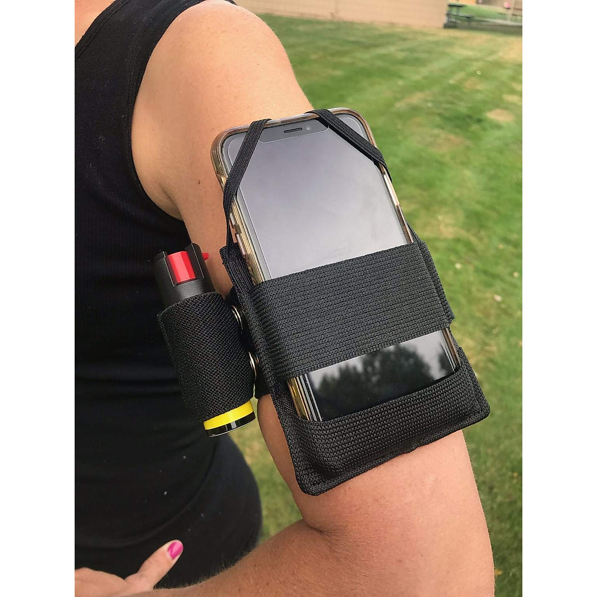 Runner Armband, Holds Pepper Spray and Cell Phone (Medium to Large arm, 16 inch Adjustable Length)