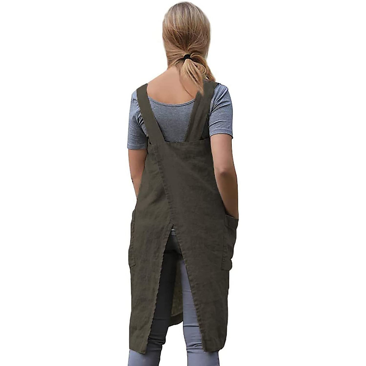 Amlztr Women's Pinafore Apron Cross Back Apron with Pockets Cotton Linen Apron Dress Plus Size