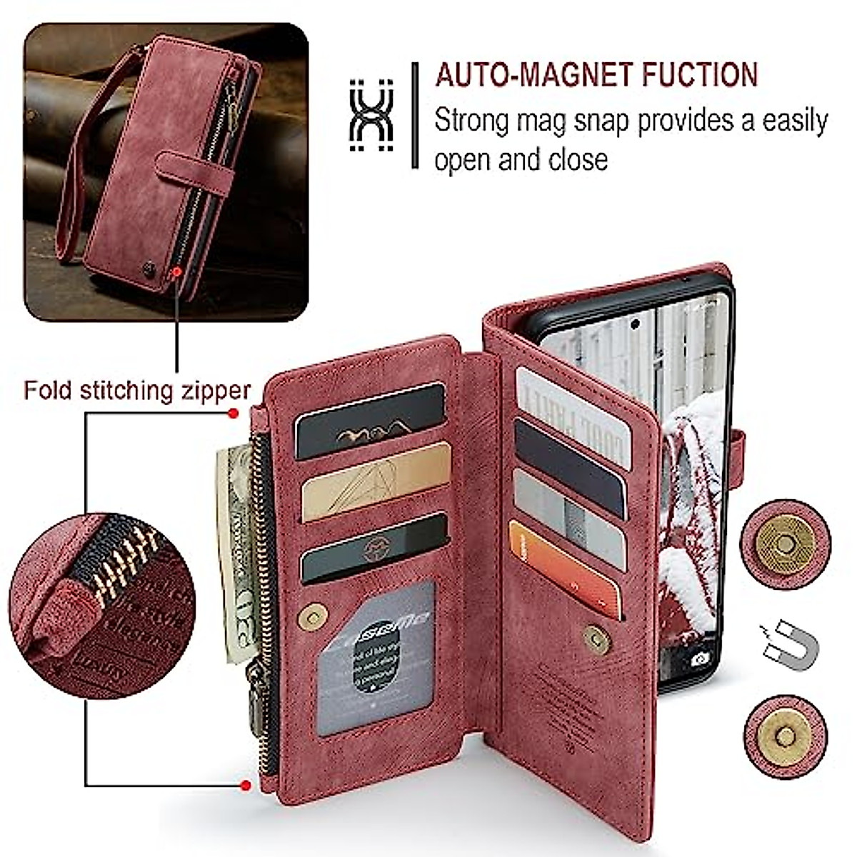 SLLMYYX Wallet Case Compatible with Samsung Galaxy S9 Plus, Luxury PU Leather Handbag Zipper Pocket Case 10 Card Slots and Wrist Strap (Red)