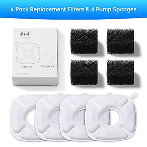 Vafrmii 4 Pack Replacement Filters & Replacement Pre-Filter Sponges for 67/95/135/85oz Automatic Pet Fountain, Cat Water Fountain Filters, Triple Filtration Dog Fountain Filter Replacement
