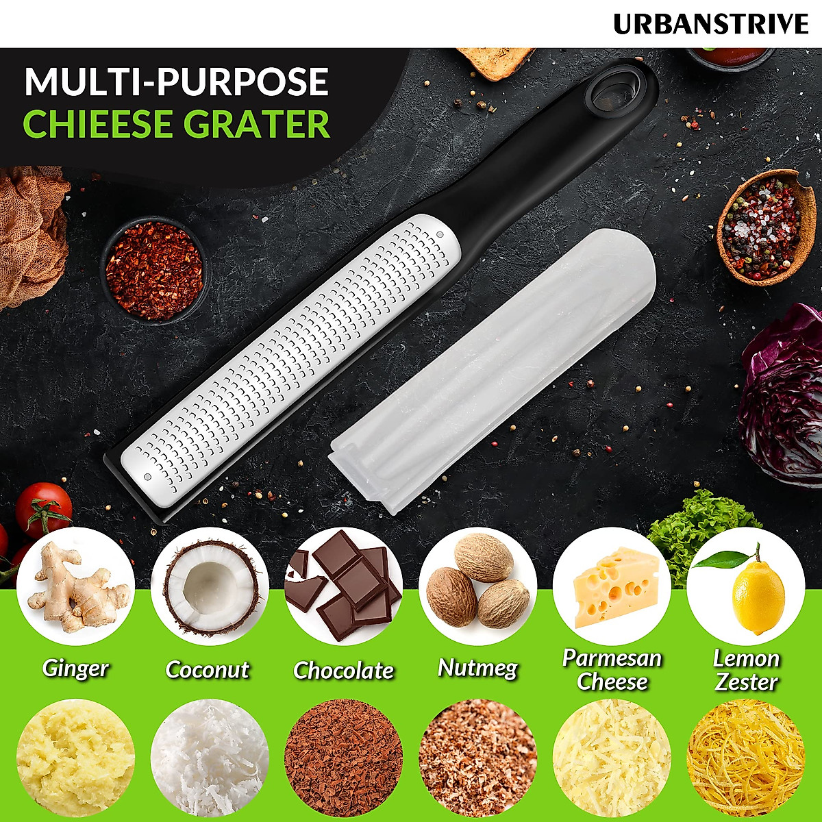 Urbanstrive Cheese Grater With Handle, Lemon Zester Graters for Kitchen Stainless Steel, Hand Grater for Ginger Garlic Nutmeg Chocolate Fruits Vegetables, Sharp, Non-Slip Handle & Foot, Black