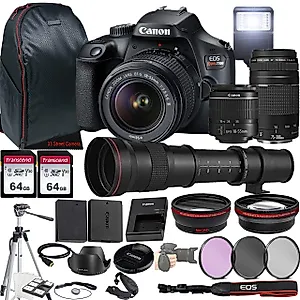 Canon EOS Rebel T100 DSLR Camera w/EF-S 18-55mm f/3.5-5.6 III Lens + EF 75-300mm f/4-5.6 III Lens + 420-800mm f/8.3 HD Lens + 2X 64GB Memory + Case + Filters + Tripod + More (35pc Bundle) (Renewed)