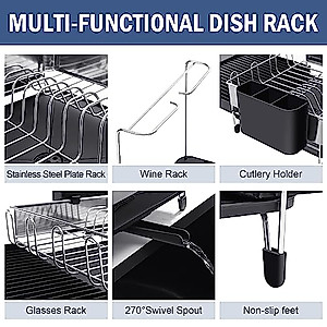 KINGRACK Dish Drying Rack - Extendable Dish Rack - Durable Stainless Steel Dish Drainer for Kitchen Counter with Drainboard Set, Swivel Spout,Utensil Holder