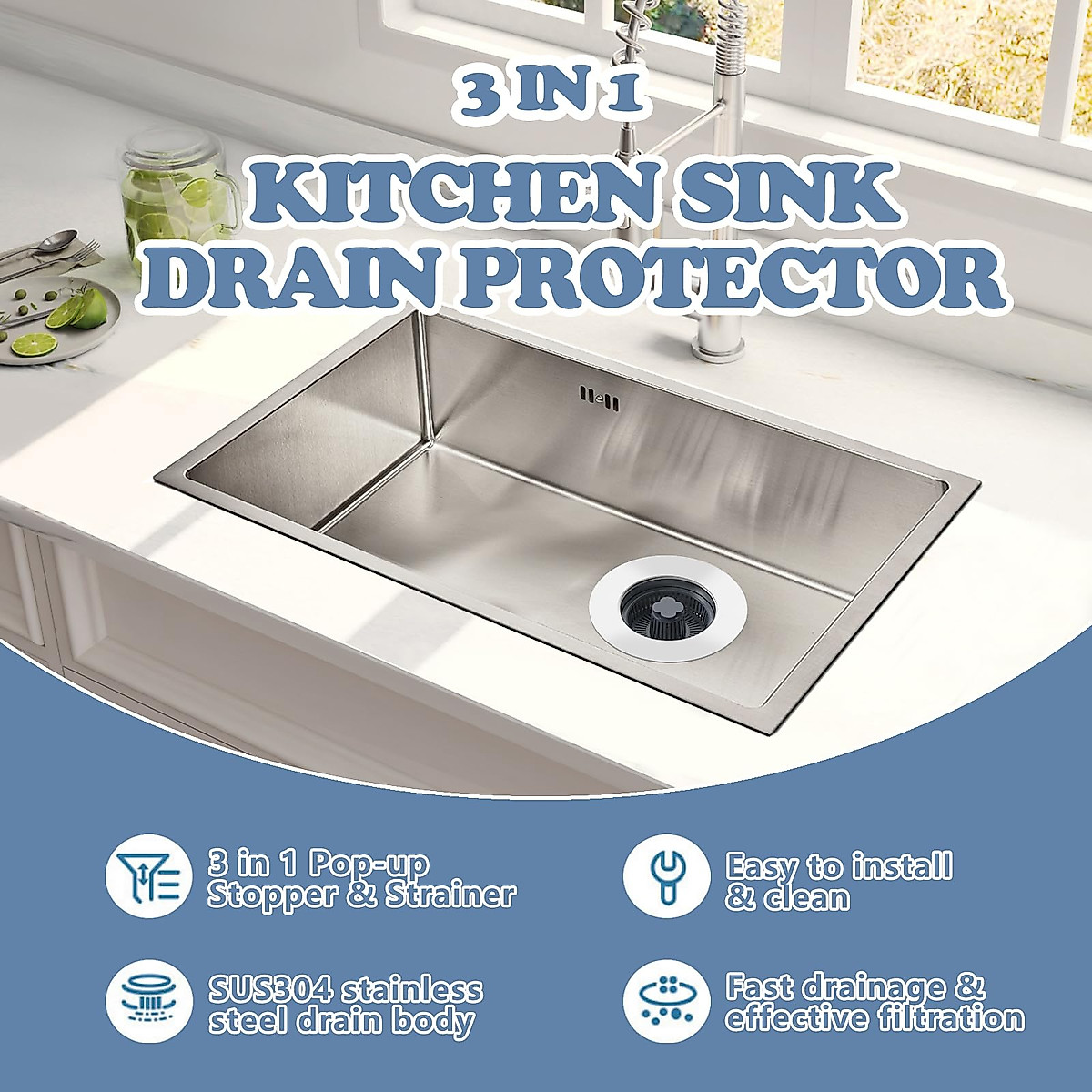 3 in 1 Kitchen Sink Drain Strainer & Stopper Kit, SUS304 Stainless Steel Pop-up Kitchen Drain Stopper with Strainer Basket, Fast Drainage Kitchen Sink Plug for Standard 3-1/2 Inch Drain