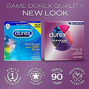 Durex Pleasure Pack Assorted Condoms, Natural Rubber Latex Condoms for Men, Regular Fit, FSA & HSA Eligible, 42 Count (Packaging may Vary)