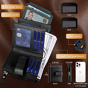 Credit Card Bifold Leather Wallet-With Front Pocket Id Window Men Women Mens Womens Ladies Woman Small Coin Pocket Rfid Blocking Black Multi Id Card Zipper Holder Wallets Female Teen Girl Coin Purse