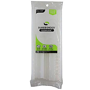 Surebonder Made in the USA All Purpose Stick Glue Sticks-All Temperature-Clear 7/16" D, 10" L Glue Stick-20 Sticks per Bag