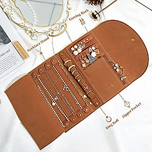 ROWNYEON Travel Jewelry Organizer Case Leather Jewelry Roll Journey Storage Bag for Earrings, Rings, Necklaces, Bracelets (Brown)
