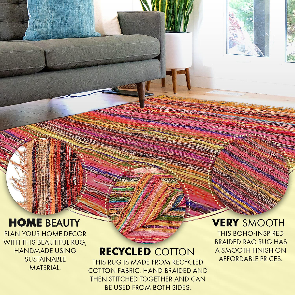 Eleet Eco Friendly 100% Recycled Cotton Chindi Rug - 3.5x6 Ft Hand Woven & Reversible for Living Room Kitchen Entry Runner (3.5x6 Feet, Orange Dyed Chindi Rug)