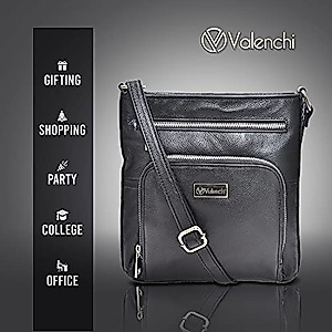 LEVOGUE Genuine Leather Front Pocket Zipper Crossbody Handbag for Women - Handmade by VALENCHI (Black Floater)