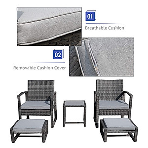 Patiorama 5 Piece Outdoor Patio Wicker Furniture Set, All Weather PE Rattan Chair and Ottoman Footstool Set, W/Coffee Table, Cushions (Light Grey) for Garden, Balcony, Porch, Space Saving Design