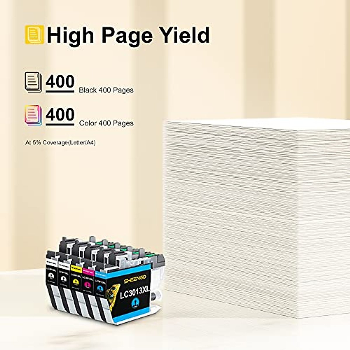 LC3011 LC3013 5PKS High Yield Compatible Ink Page Yield Up to 400 Pages/Cartridge Includes 2 Black, 1 Cyan,1 Magenta,1 Yellow for Brother LC3013 Ink Cartridges for MFC-J491DW MFC-J497DW MFC-J895DW
