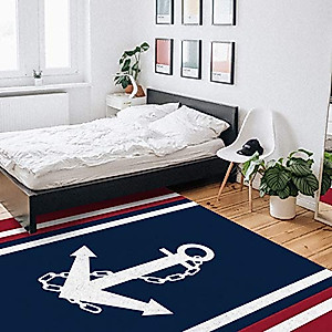 Advancey Indoor High-Low Area Rug 2'x3'Nautical Navy Blue Anchor with Red White Stripe Throw Rugs Runner for Entryway,Bedroom,Living Room