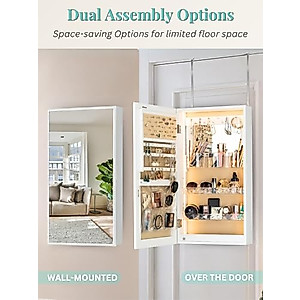 LUXFURNI LED Jewelry Organizer with Mirror, Small Jewelry Cabinet Wall-Mount/Door-Hanging Armoire,Lightweight Jewelry Storage for Bedroom