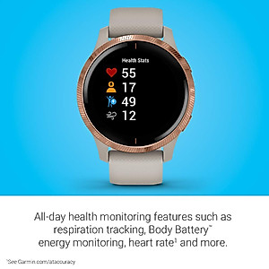 Garmin Venu - GPS Smartwatch with Bright Touchscreen Display - Music, Body Energy Monitoring, Animated Workouts, Pulse Ox Sensor and More - Rose Gold with Tan Band (Renewed)