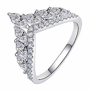 Fashion V-Shaped Crown Ring Princess Engagement Promise Ring Sparkling Wishbone Cubic Zirconia Ring in Sterling Silver Cubic Zirconia Eternity Band Wishbone CZ Stacking Engagement Ring for Women (9)