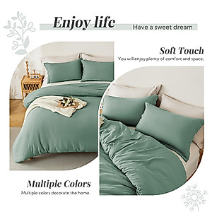 MILDLY Super Soft Duvet Cover - 100% Washed Microfiber Sage Green Comforter Cover Set 3 Pieces with Zipper Closure & Corner Ties (No Comforter)