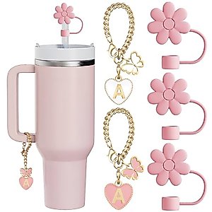 ANLABESY Compatible with Stanley Cup Accessories, 3PCS Hot Pink Straw Toppers for Stanley Cup Straw Cover Cap, 2PCS Cute Letter Charms for Stanley 30&40 Oz Tumbler with Handle(A)