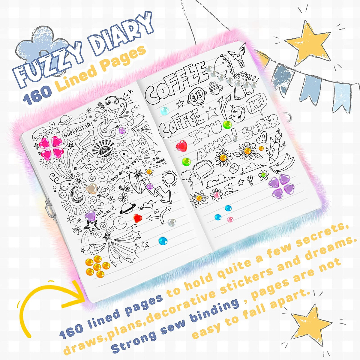 homicozy Bear Diary for Girls with lock and keys, Kids Journal School Travel Notebook Gift Set for Writing and Drawing,Plush Secret Diary with Multicolored Pen Stickers Purse Keychain