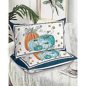 Thanksgiving Pillow Covers King Standard Set of 2 Bed Pillow, Fall Pumpkin Yellow Polka Dots Navy Blue Lace Plush Soft Comfort for Hair/ Skin Cooling Pillowcases with Envelop Closure 20''x36''