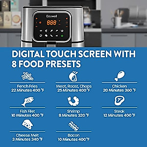 ECOWELL TXS5T2 Air Fryer, 6 Quart Airfryer, Large Stainless Steel Air Fryers for 3-5 People, 8 Food Presets, Digital Touch Screen, Healthy Cooking, BPA-Free, Nonstick & Dishwasher-Safe, 1700W, Black