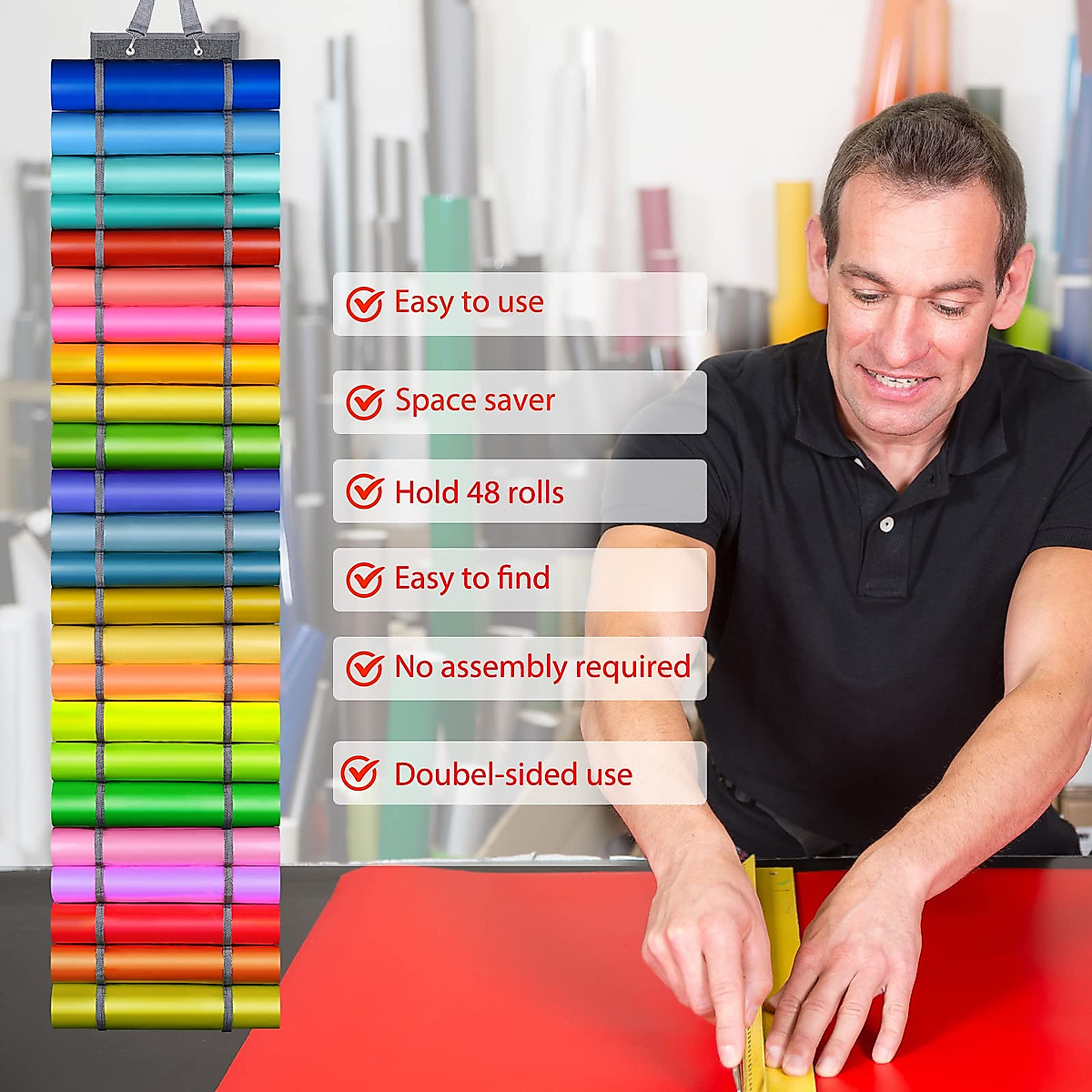 TUPARKA Vinyl Roll Holder Craft Vinyl Storage Rack with 2 Hook Craft Storage Organizer 48 Compartments Vinyl Organizers Holder for Door Closet Wall