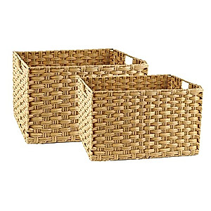 Wicker Baskets with Carrying Handles Foldable Handwoven Cube Storage Basket Bin Rectangular Open Storage Bins,Set of 2