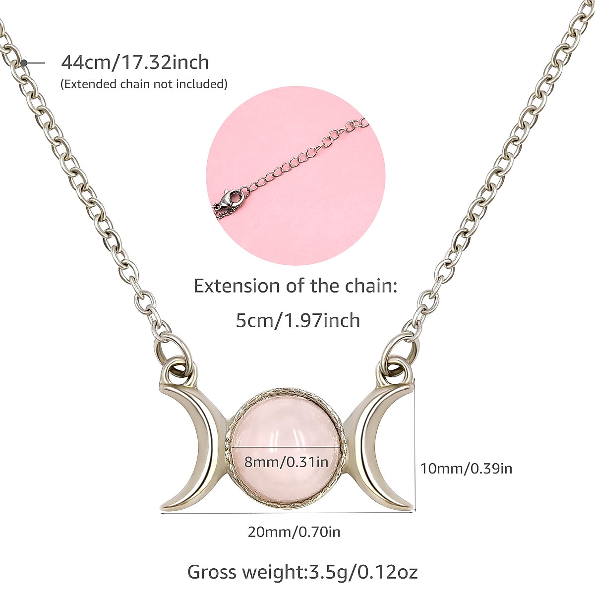 MISS RIGHT Rose Quartz Healing Crystal Triple Moon Goddess Phase Necklace for Women Men: Stainless Steel Crescent Moon Chakra Charm Necklace