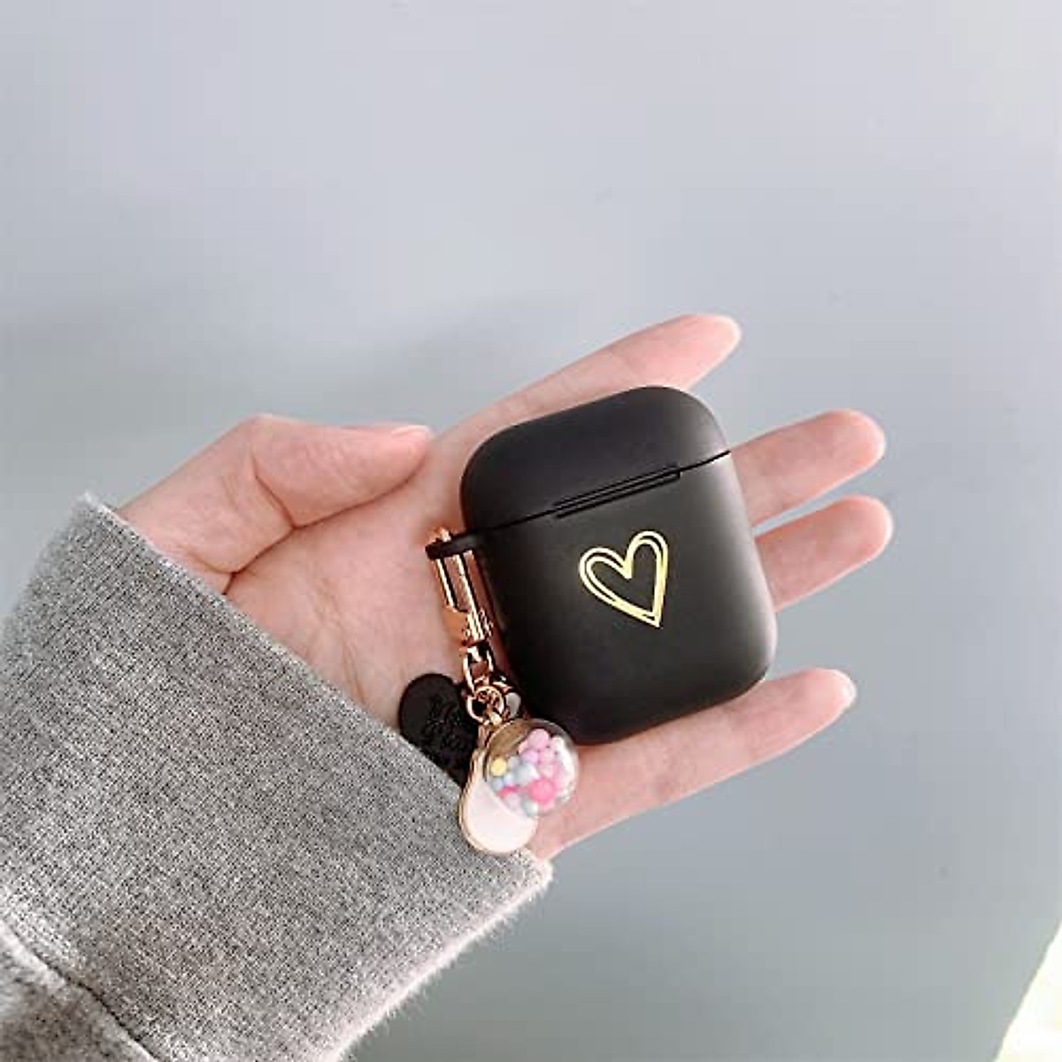 Ownest Compatible for AirPods Case Soft TPU with Gold Heart Pattern Cute Lucky Ball Keychain Shockproof Cover Case for Girls Woman Airpods 2 &1-Black