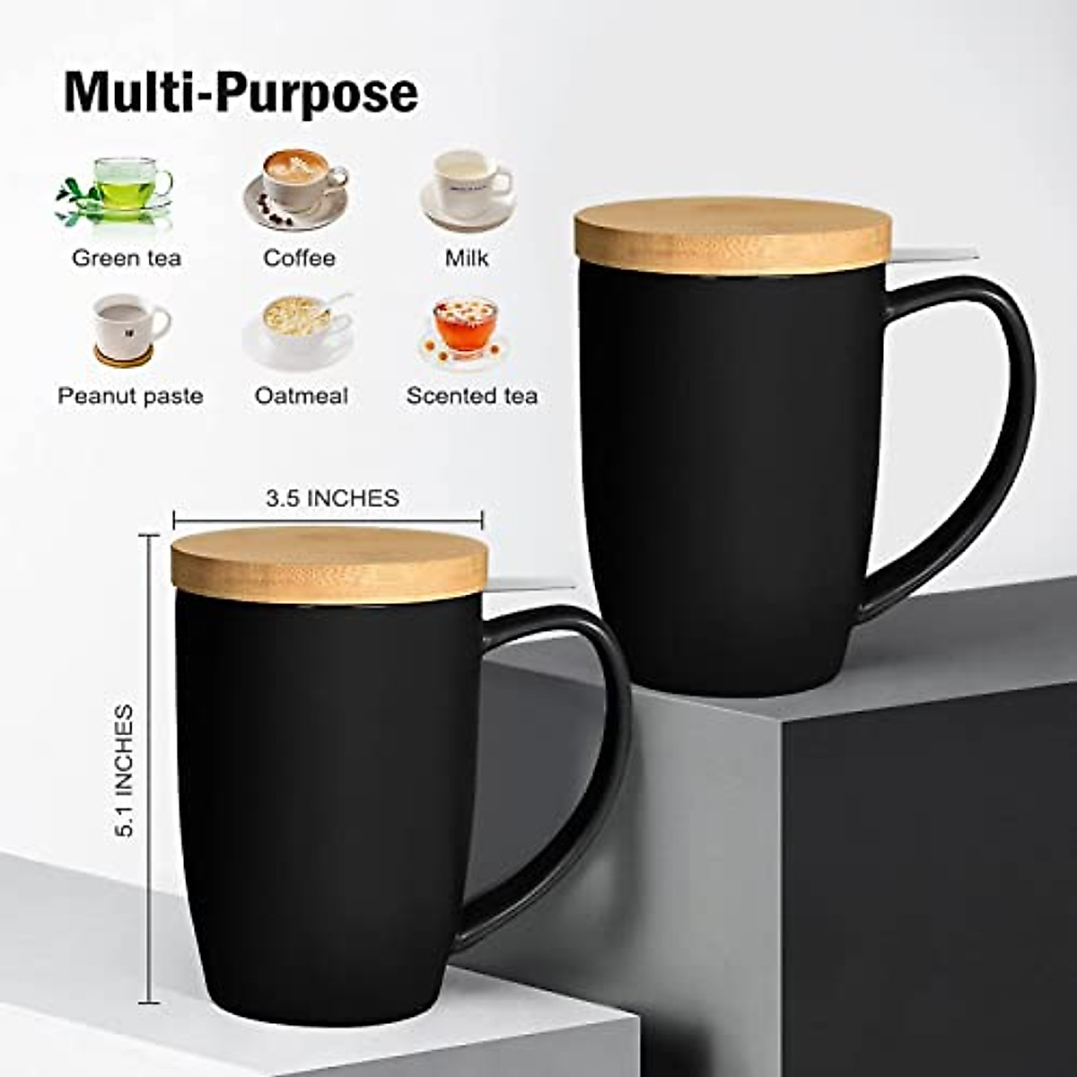 COYMOS Ceramic Tea Mug with Infuser and Lid, 16oz Loose Leaf Tea Cup Large Handle Teaware Mug, Tea Gift Sets for Tea Lover (Black)