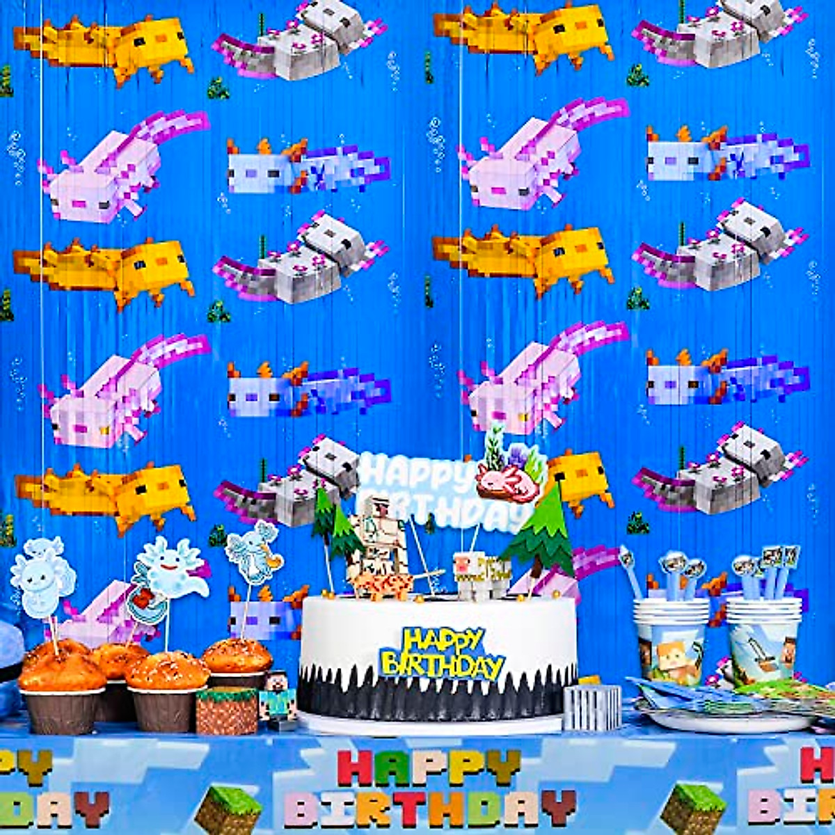 Bupelo Pixel Game Themed Party Supplies,2 Packs of Axolotl Tinsel Foil Fringe Curtains, Miner Themed Photo Booth Prop Backdrop Streamer, Axolotl Birthday Party Decorations, Room Decor for Kids