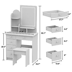 AIEGLE Vanity Desk Set with Lighted Rectangular Mirror, 3 Colors LED Lighted Makeup Vanity Drawer Dressing Table with Open Shelves & Cushioned Stool, Vanity Stool Set, White - Rectangular Mirror