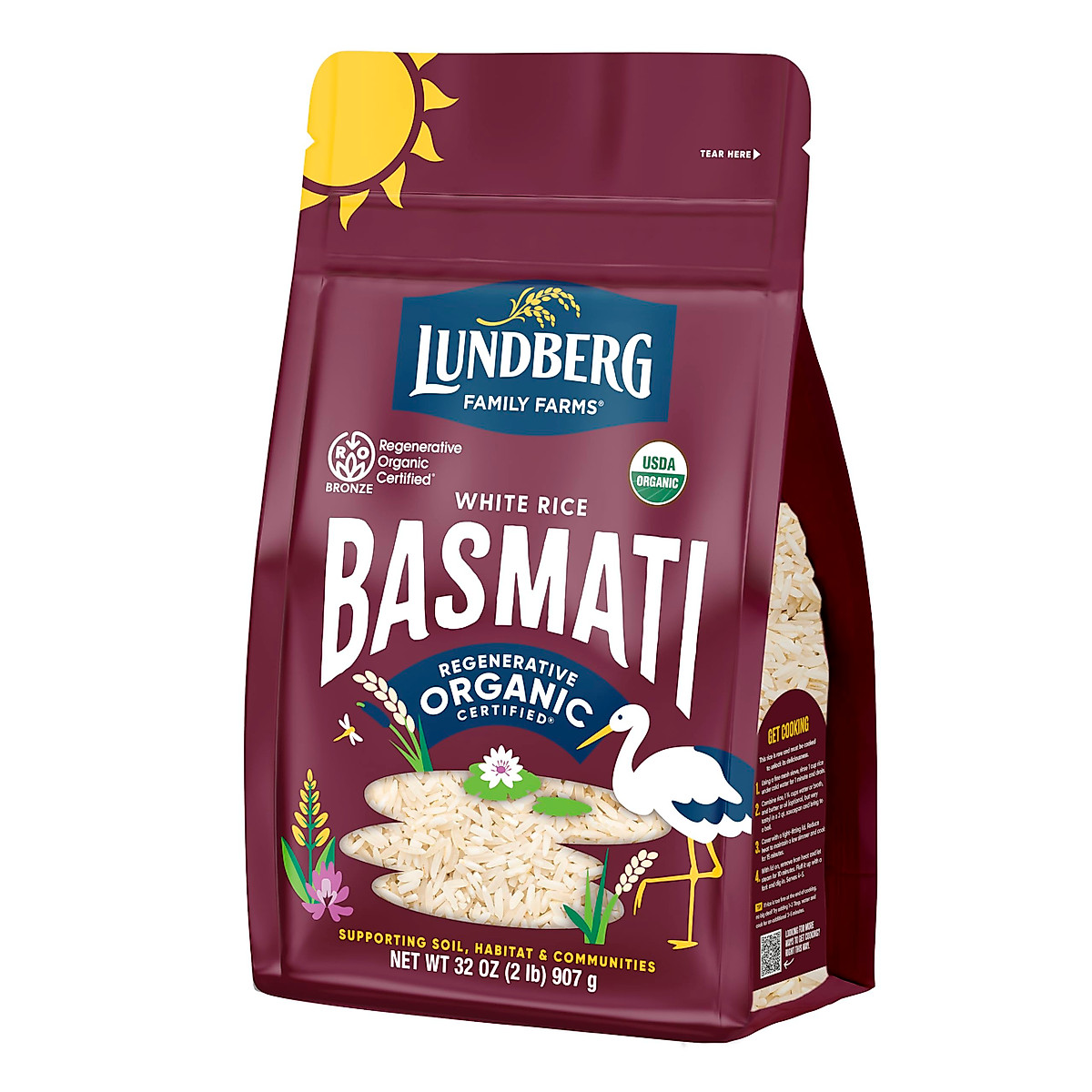 Lundberg Basmati Rice, Long Grain White Rice - Non-Sticky, Fluffy, Nutty, Aromatic Rice, Vegan Food, Healthy Meals, Gluten-Free Rice Grown in California, 32 Oz