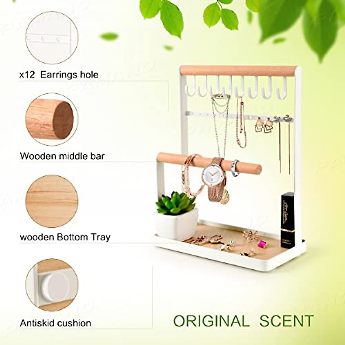 PAMANO Jewelry Organizer Necklace Stand Holder, 4-Tier Hanging Wooden Ring Earring Tray, 8 Hooks Necklaces Storage 12 Earring holes, Bracelets, Rings & Watches Display On Desk Tabletop - White