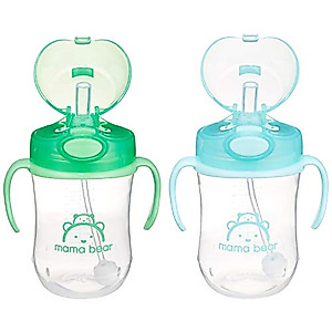 Amazon Brand - Mama Bear Weighted Straw Sippy Cup, Pack of 2, Blue/Green