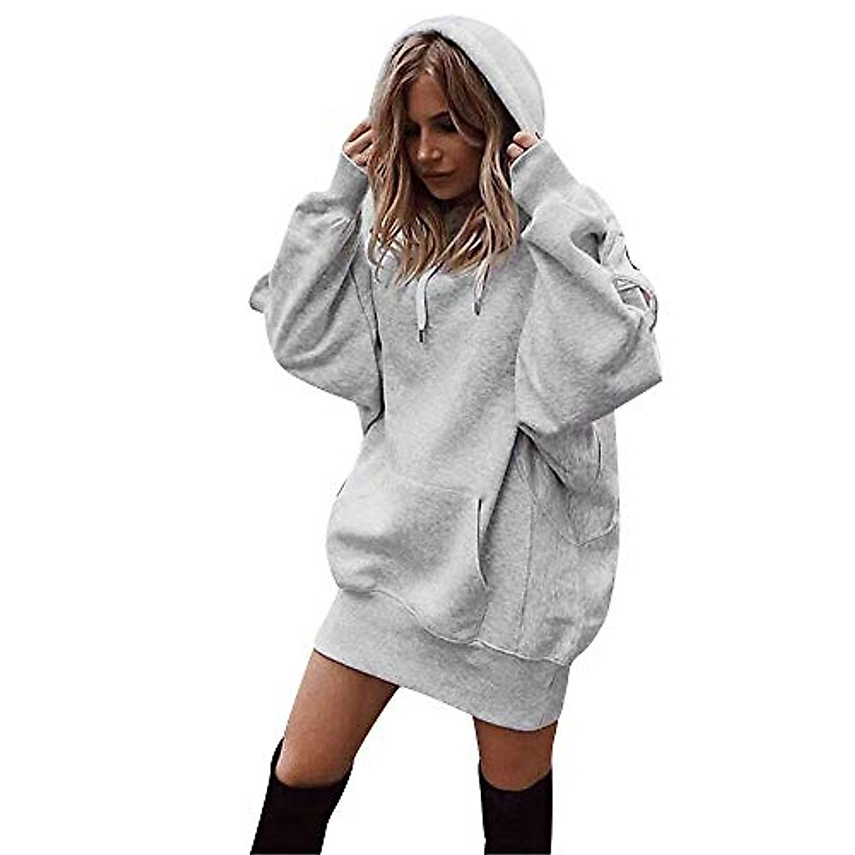 Women's Long Sleeve Loose Hooded Sweatshirt Casual Solid Drawstring Pullover Hoodies Top Blouse Winter Autumn