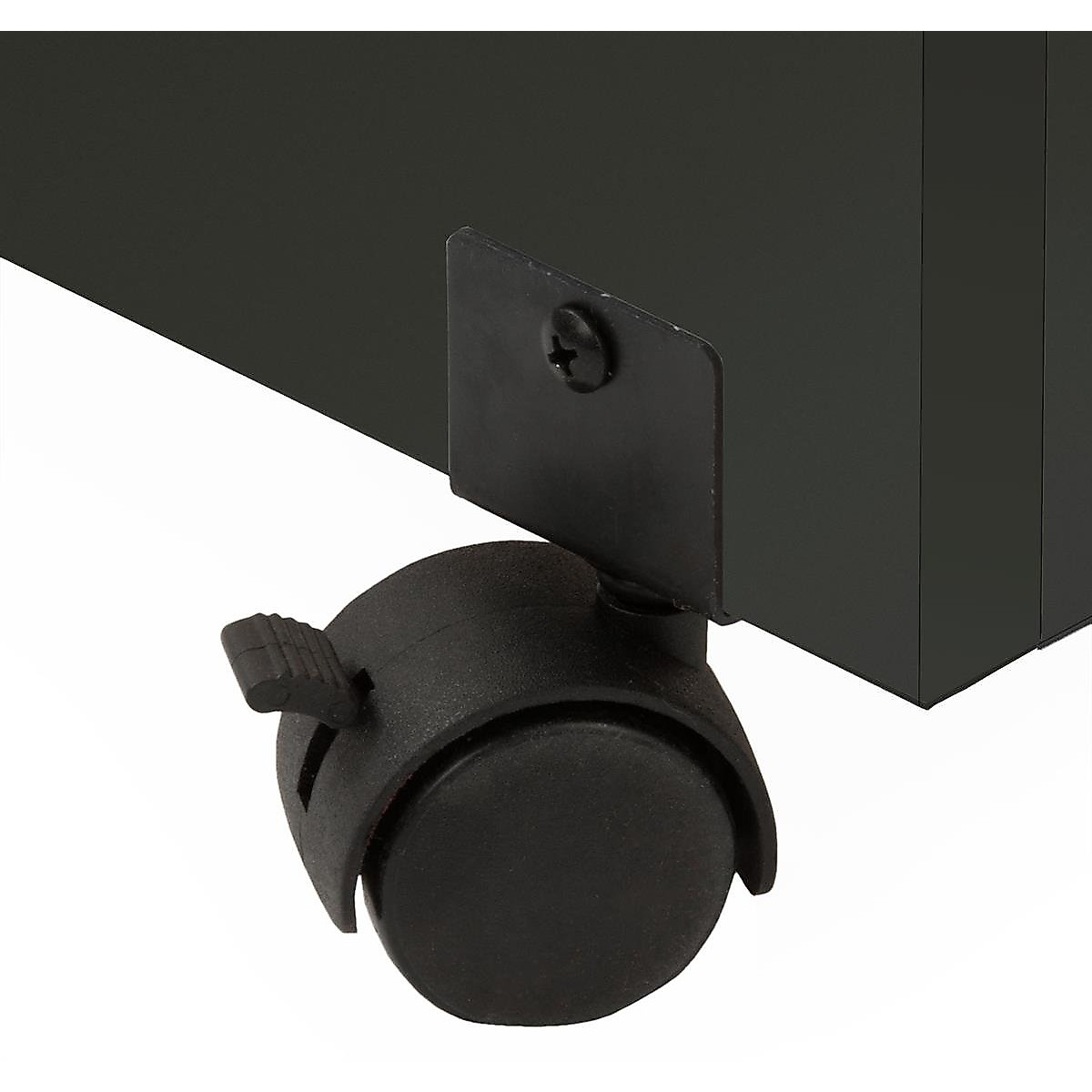 Rolling Wood Podium, 44"H, Locking Wheels, 2 Shelf Open Cabinet, Top Surface with Lip (Black)