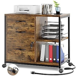 Himusi 3 Drawer Wood File Cabinet with Socket and USB Charging Ports for Home Office, Rolling Lateral Filing Cabinet with Locking Drawer for A4/Letter Size, Printer Stand with Storage, Rustic