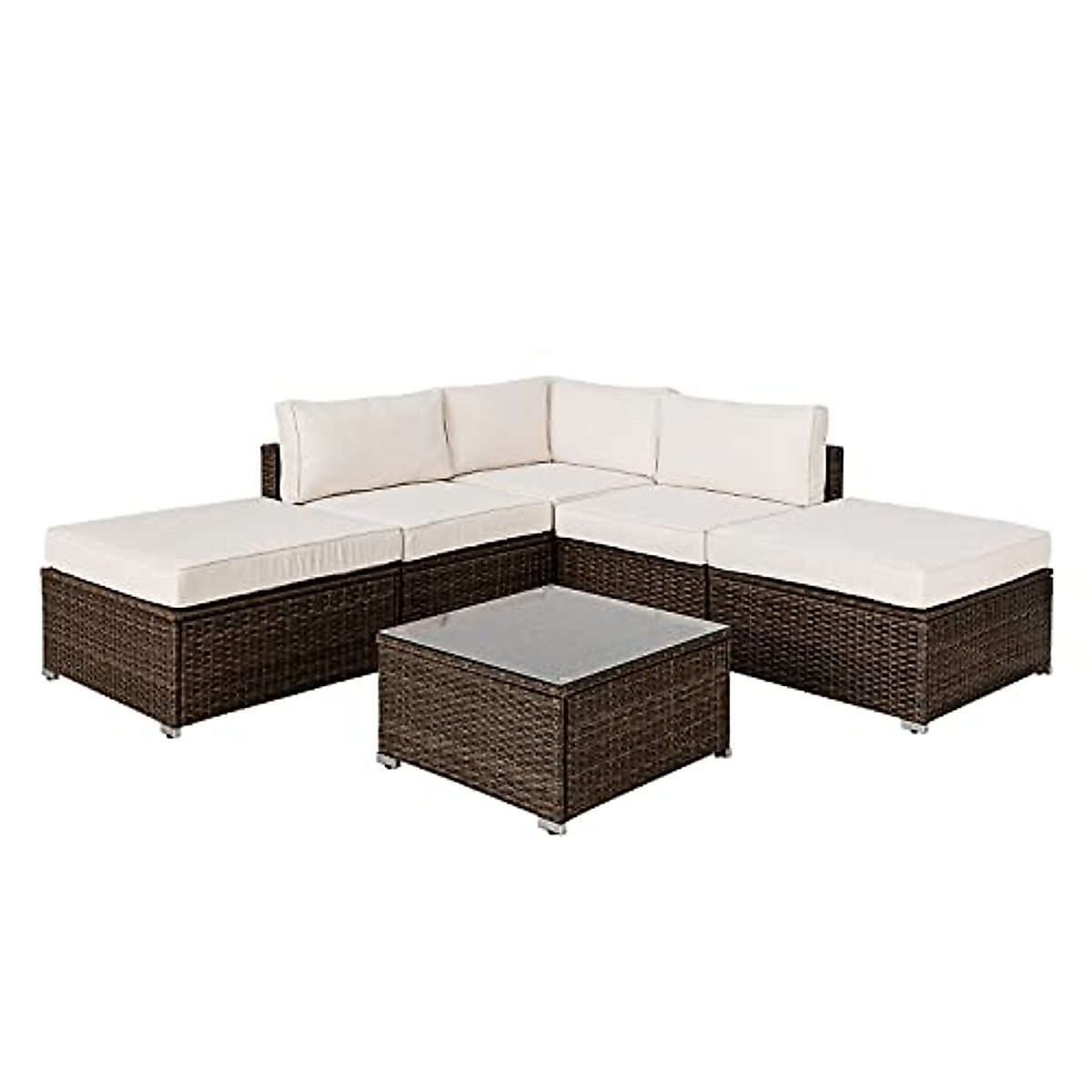 HOMPUS 6-Piece Outdoor Handwoven Sectional Sofa PE Rattan Wicker Couch Corner Conversation Set Furniture Brown Patio Sofa Set w Beige Seat Cushions, Glass Coffee Table for Garden,Yard,Pool