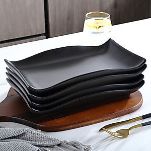 Bruntmor Appetizer Plate Set of 4 Elegant Matte 10"x7" Rectangular Curvy Ceramic Restaurant Christmas Platter | Serving Inner Fluted Dessert Salad Plates, Christmas eve - Black.