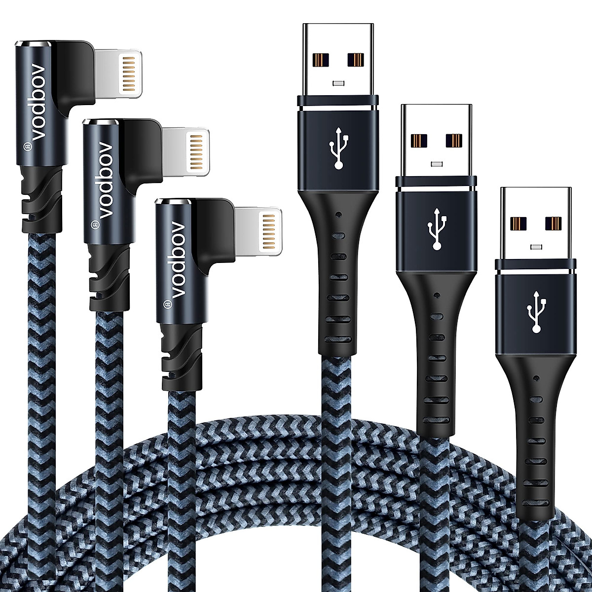 VODBOV iPhone Charger Lightning Cord 3Pack 1FT 3FT 6FT Right Angle MFi Certified Cable Braided USB Charging Wire High Speed Black