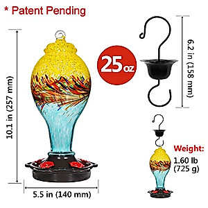 LUJII Hand Blown Glass Hummingbird Feeder for Outdoors with Ant Moat, Leak Proof & Rustproof , 25oz, Metal Base Cover with 5 Feeding Ports & Perches, Glass Art for Garden Decor (Blue Mixed Yellow)