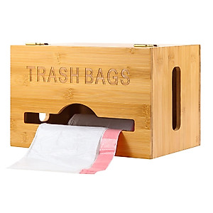 Snpwne Large Trash Bag Holder, Garbage bag dispenser with handle, Kitchen Trash Bag Organizer, Bamboo wall Mounted Trash Bag Dispenser Roll Holder for Cabinets, Countertops and Under Sink