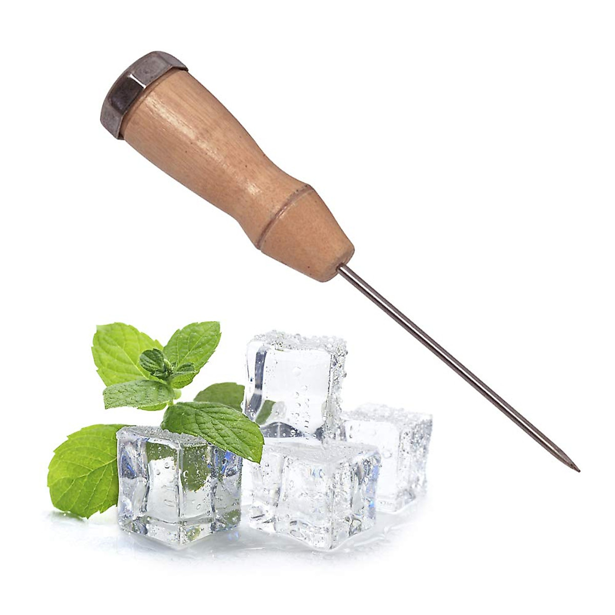 Ice Pick with Wooden Handle, 8-Inch Stainless Steel 1-Point Ice Pick by Tezzorio, Commercial Quality